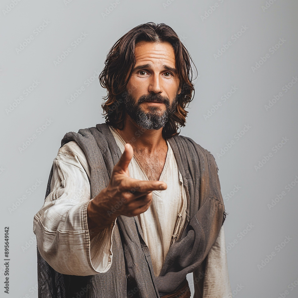 Jesus Christ shows something emotionally, asks, sermon. Isolated on a ...