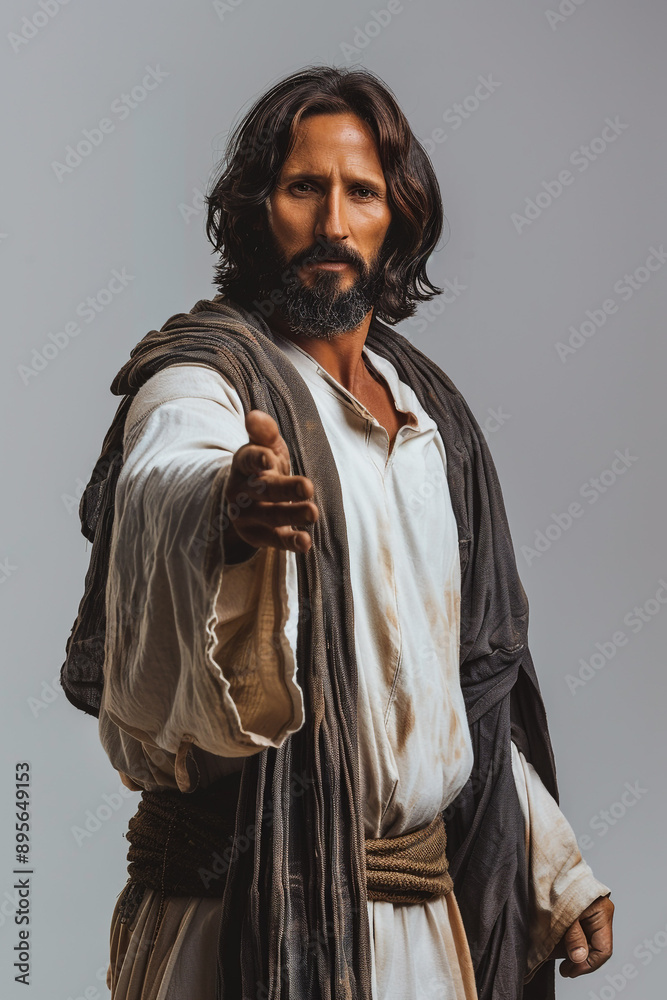 Jesus Christ shows something emotionally, asks, sermon. Isolated on a ...