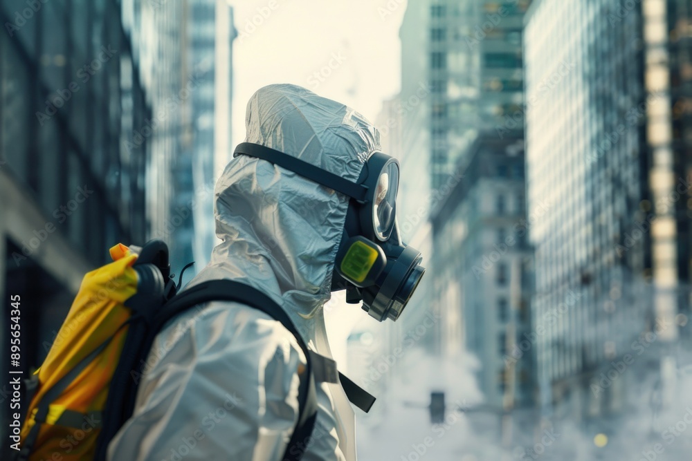 Environmental technician collecting air samples in a bustling city ...