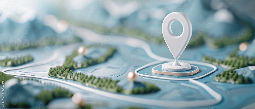 Prominent map marker on a physical map, focusing on a specific travel ...