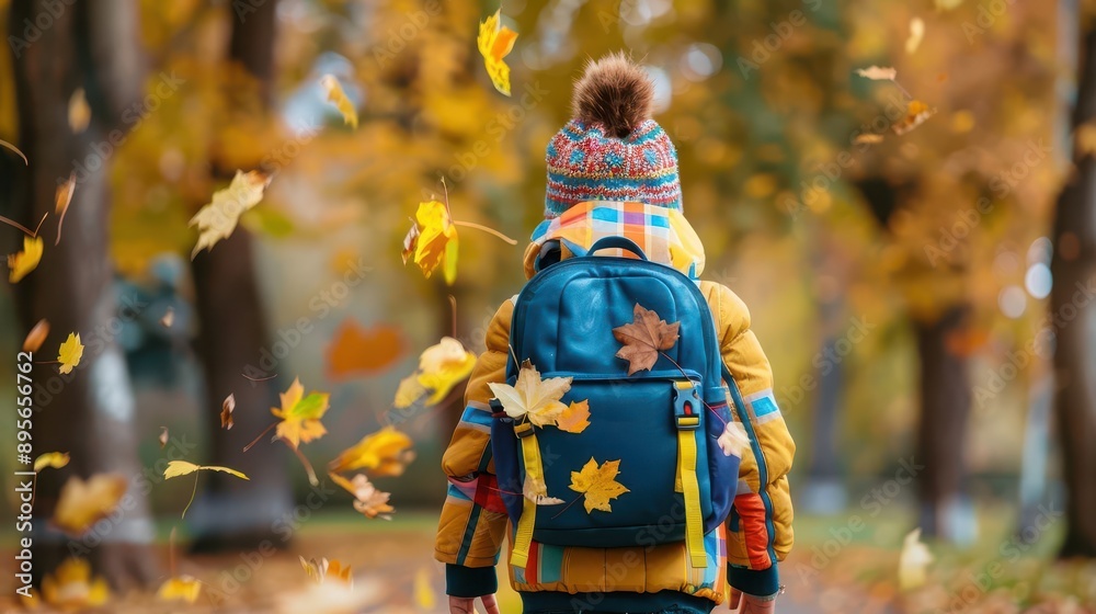 excited young student with colorful backpack walking to school autumn ...
