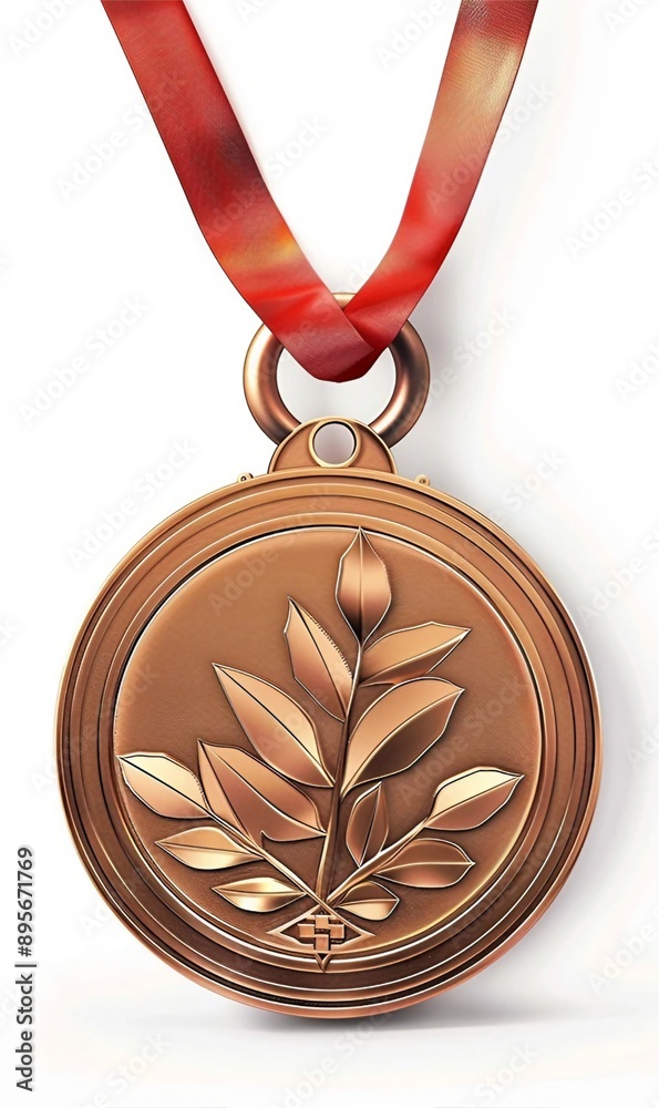 A high-quality digital illustration of a copper medal with a red ribbon ...