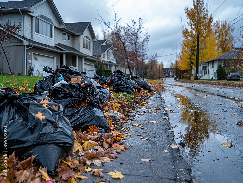 Many garbage bags and full waste bin at dirty house, waste management ...