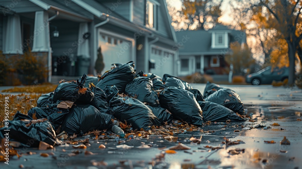 Many garbage bags and full waste bin at dirty house, waste management ...