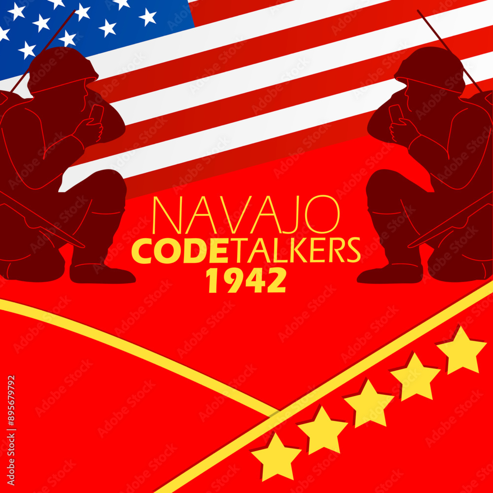Navajo Code Talkers Day event banner. Illustration of marines giving a ...