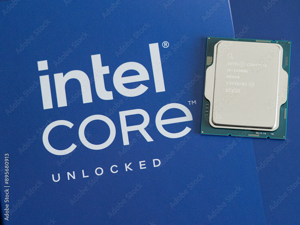 Intel logo on an Intel Core 14th gen i9-14900K processor case Stock ...