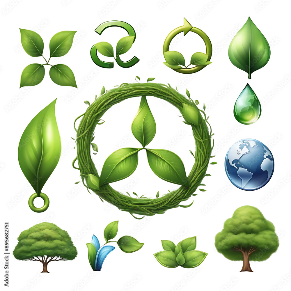 Eco-Friendly Icons Collection on Transparent Background, Green ...