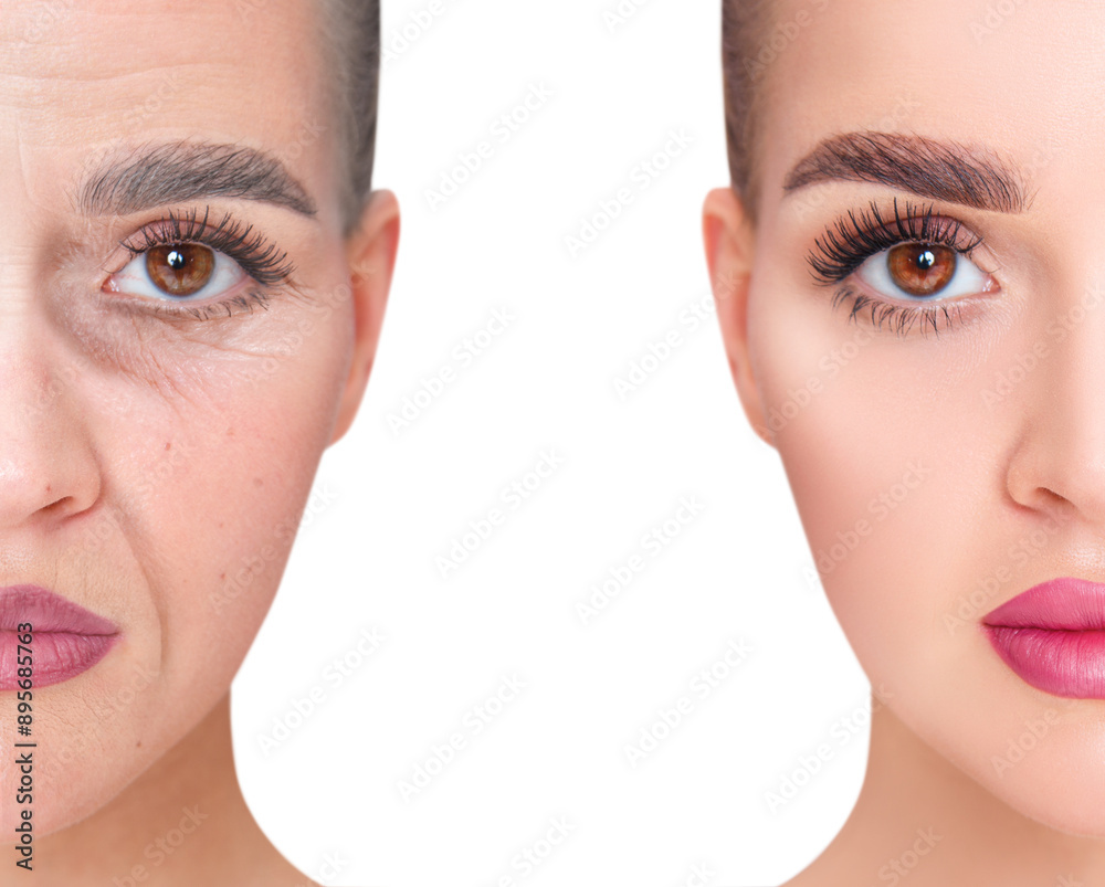Beautiful woman face before and after rejuvenation. Stock Photo | Adobe ...