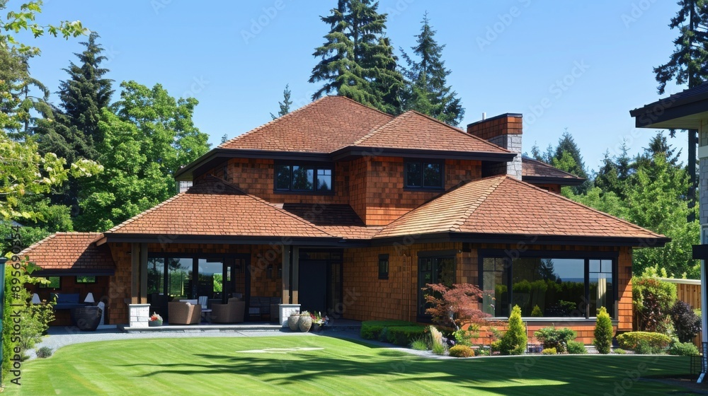 Shake Roof. Modern Home with Cedar Shake Roof Surrounded by Lush Green ...