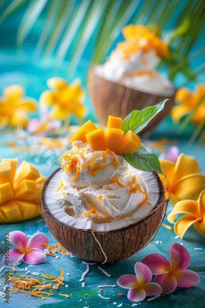 Coconut ice cream sundae with mango cubes and toasted coconut in ...