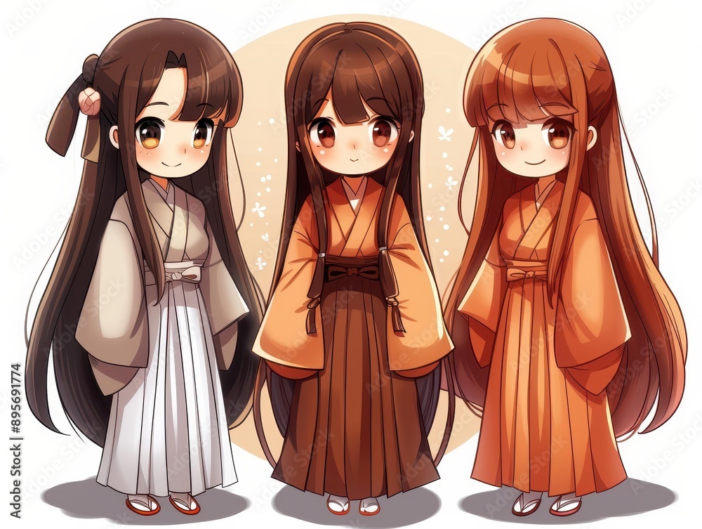 Adorable Japanese miko illustration featuring three girls in ...