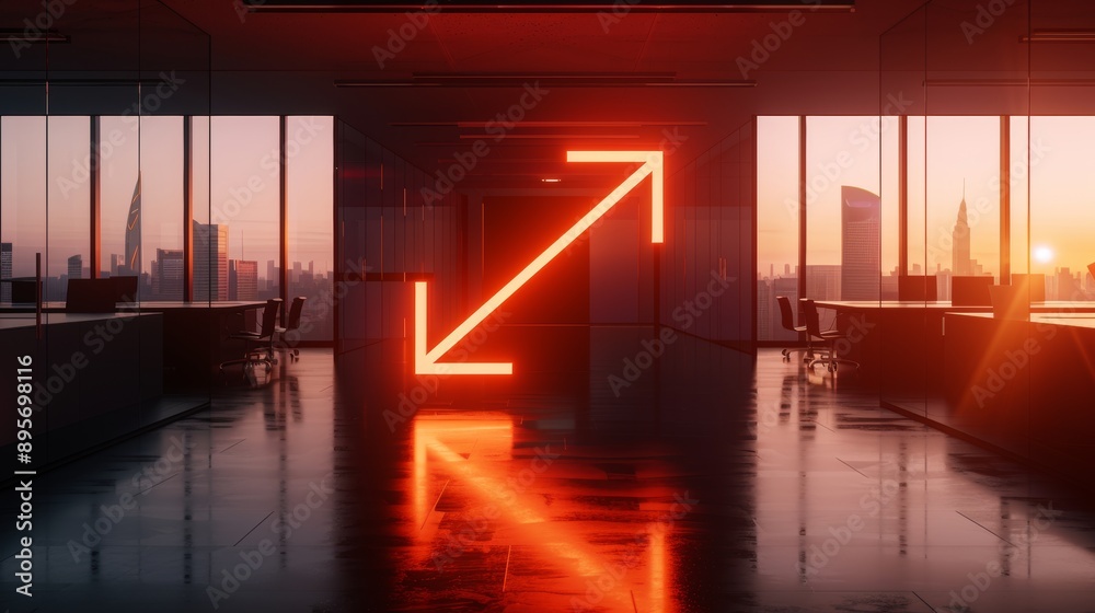Dynamic arrows with glowing tips, set in a high-rise office with ...