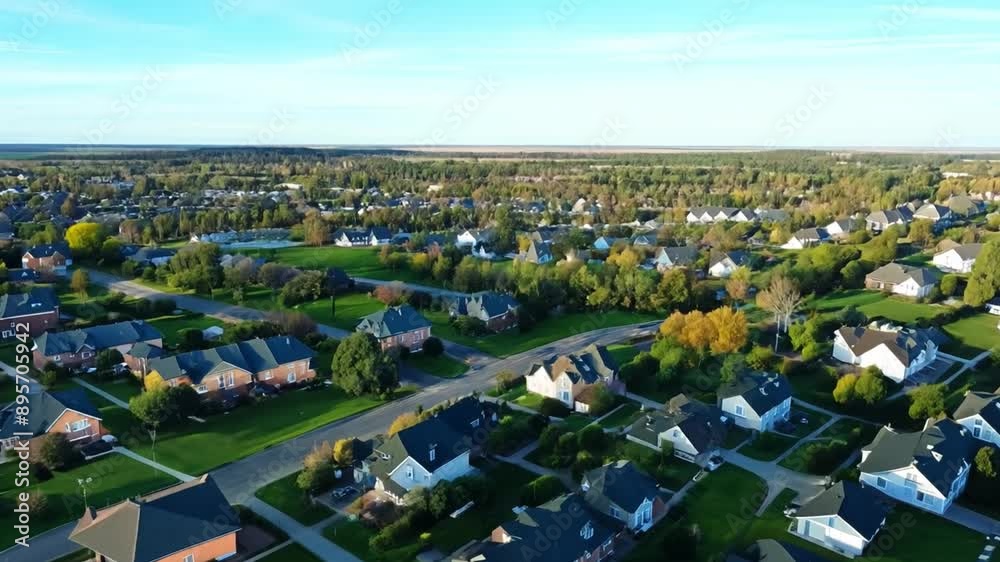 Aerial shot A sprawling suburb with houses and streets. Bright, even ...