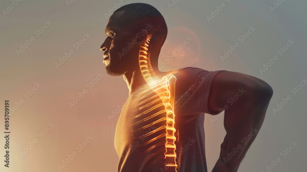 A man with back pain from head to toe. The man is seen in the center of ...