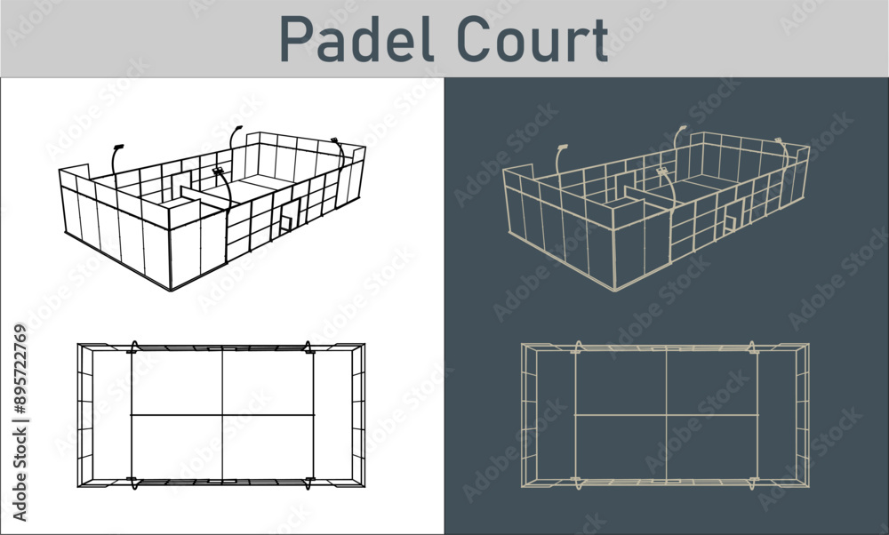 Blueprint showing a technical line art illustration of a padel court in ...