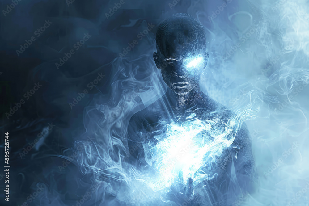 Mystical alien being with glowing eyes and ethereal light in its chest ...