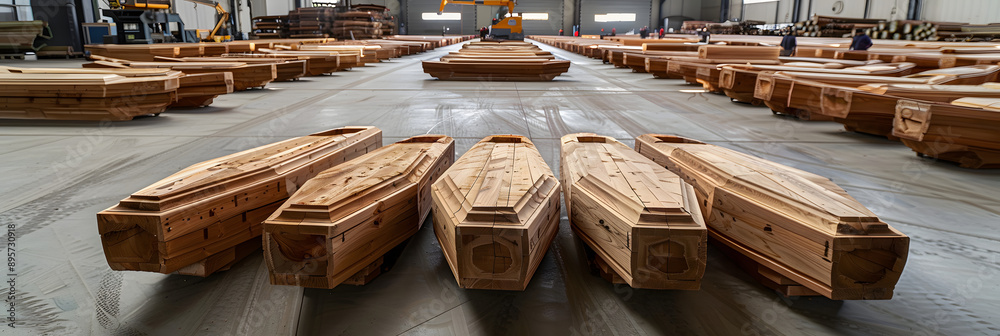 Mass production of wooden coffins in a huge factory. All coffins are ...