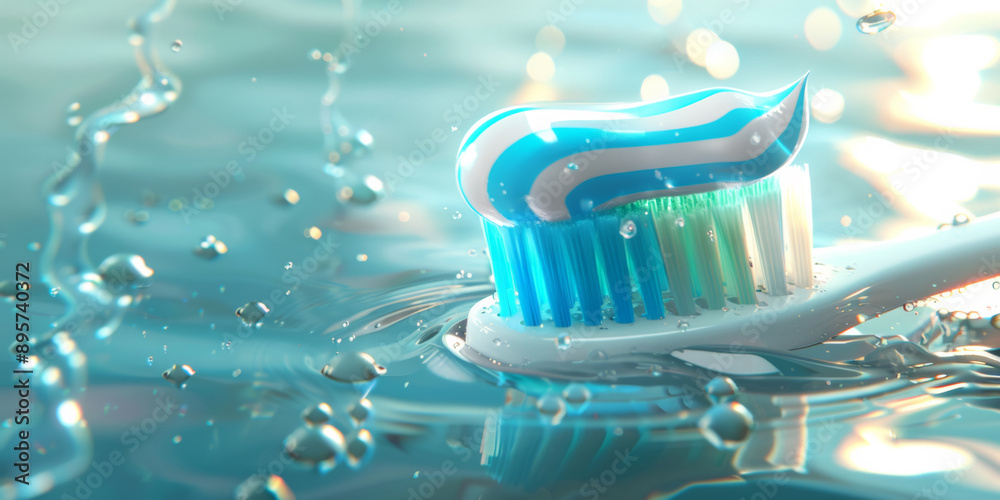 Toothpaste and toothbrush on the water surface. Oral hygiene and teeth ...