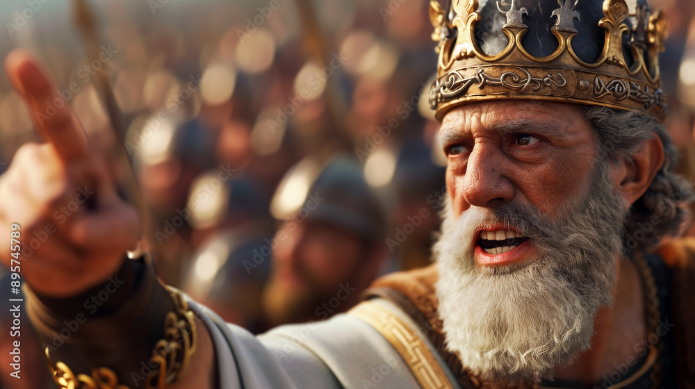 King David commanding his army, wearing a gold crown and royal attire ...