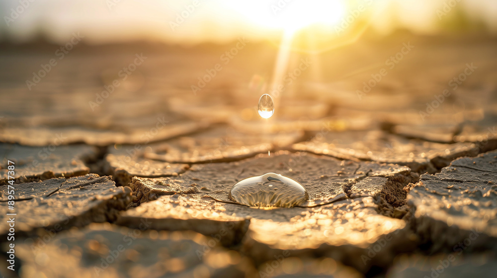 Dry cracked earth with a single water droplet symbolizing drought and ...