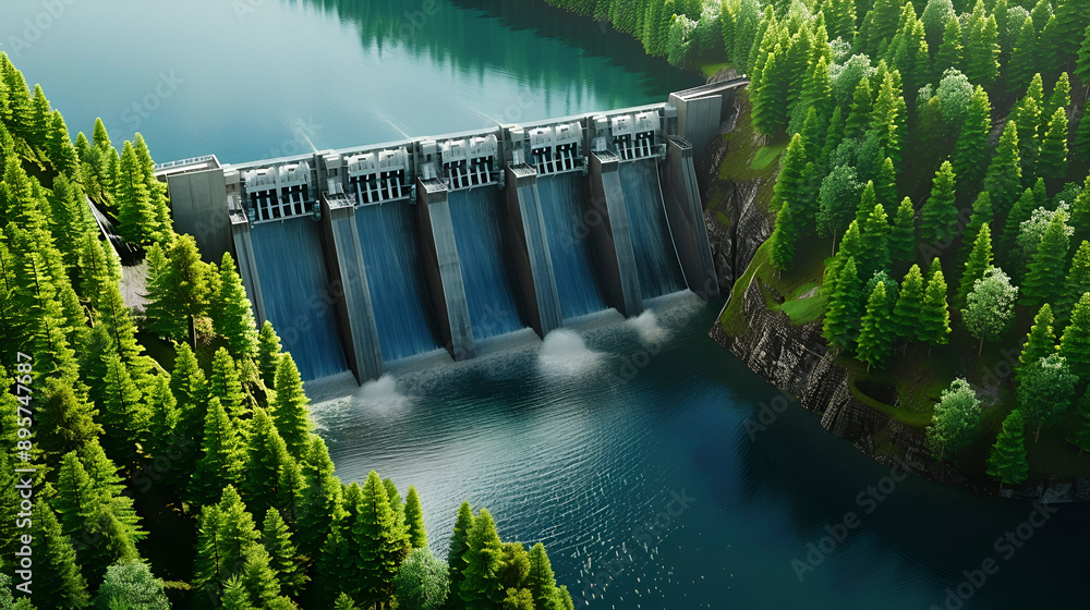 Modern hydroelectric dam with water turbines, reservoir, and ...