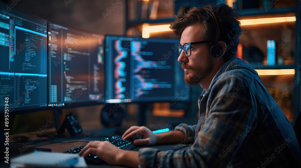Focused programmer coding at multimonitor setup with dark mode screens ...