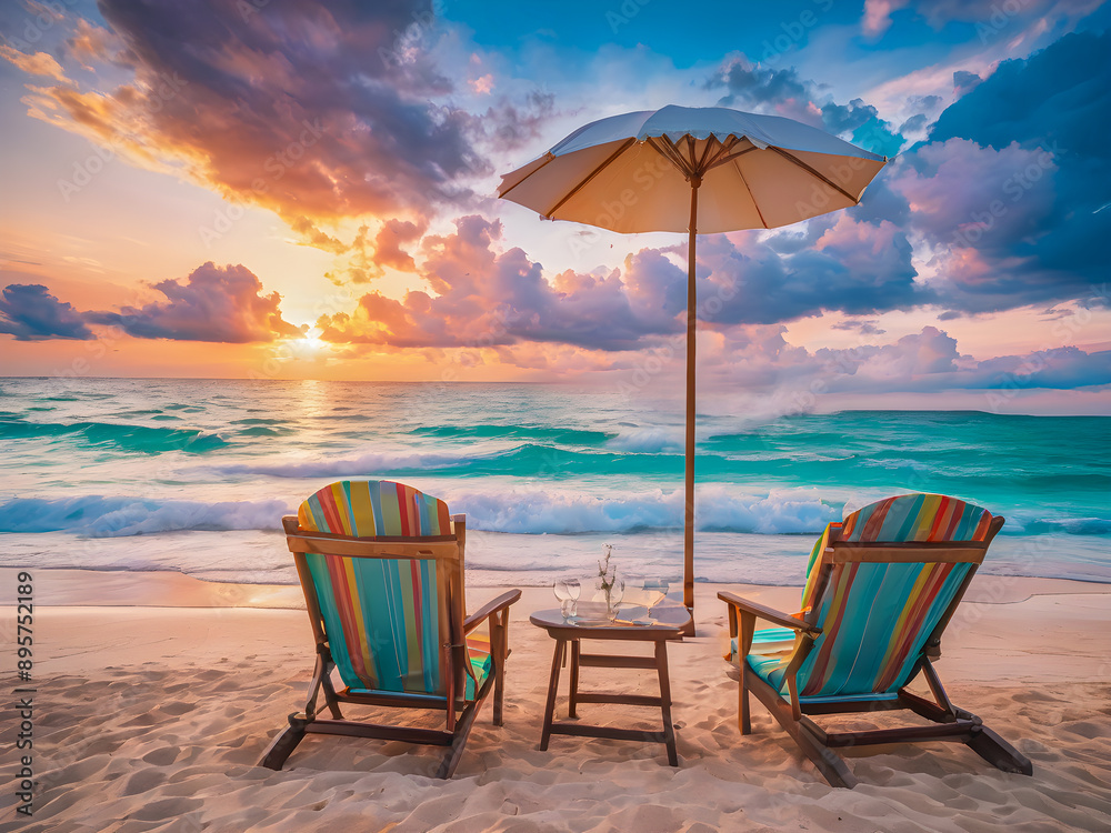 Amazing beach. Love chairs sandy beach sea. Luxury summer holiday and ...