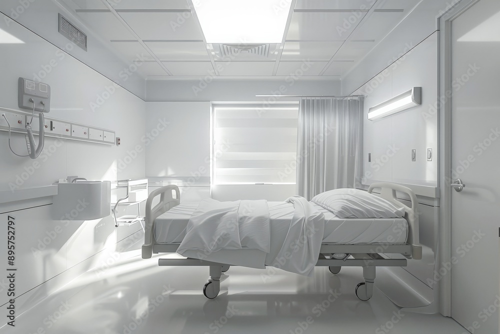 A bright and clean hospital room with a single patient bed, a large ...