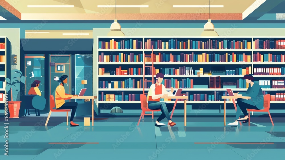 Bright modern library scene with people studying and working on laptops ...