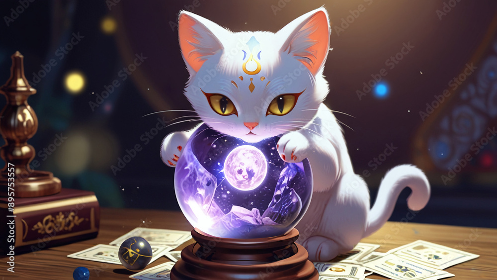 white cat fortune teller with a crystal ball for predictions, AI ...