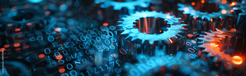 Digital Gears and Binary Code: The Future of Technology - The image depicts a network of blue ...