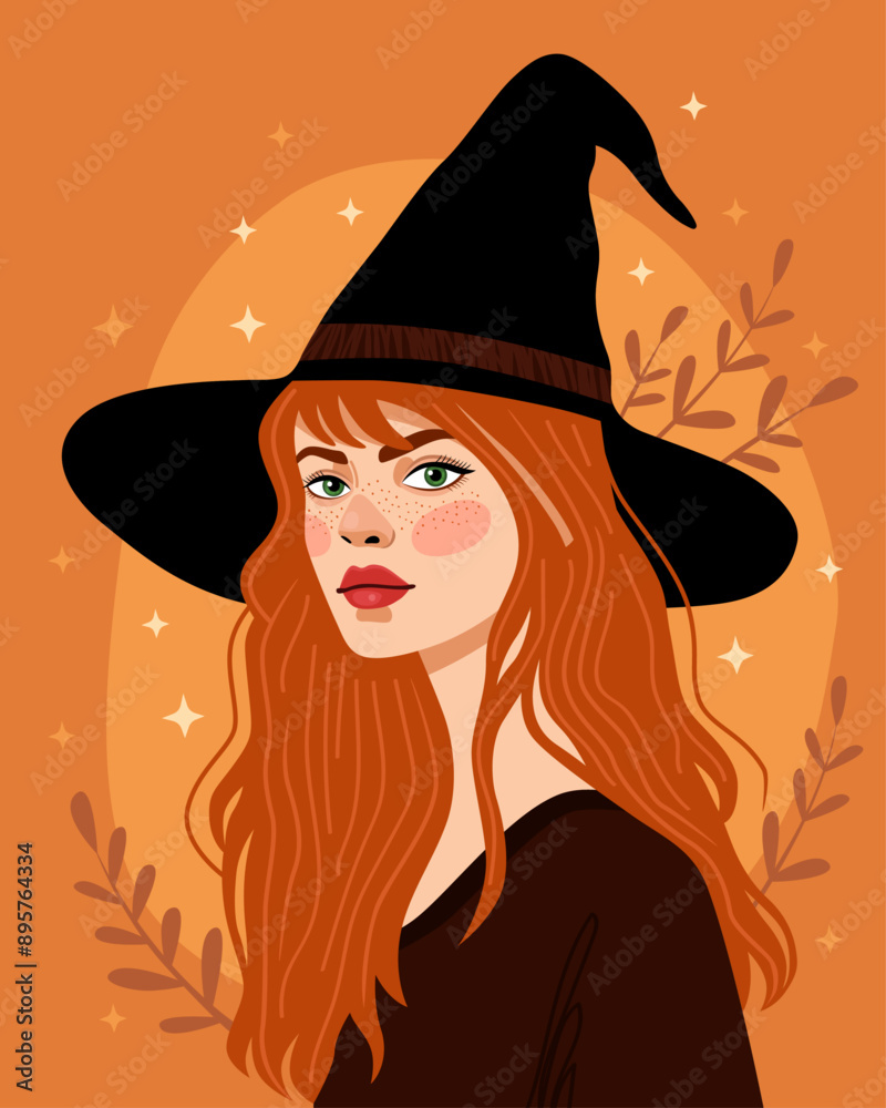 Portrait of a young woman. The girl in a black witch's hat and a brown ...