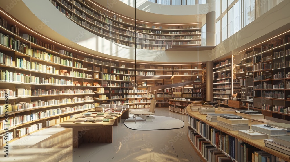 Modern Library Interior with Sunlight Streaming Through Skylights - A ...