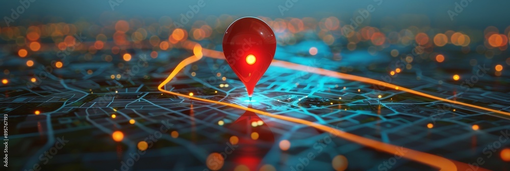 Red Pinpoint on Futuristic City Map - A red location pin stands out on ...