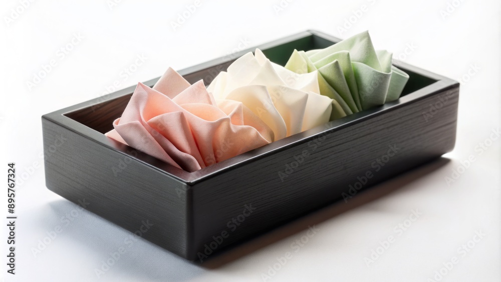 Elegant, modern, black, rectangular container features soft, folded ...