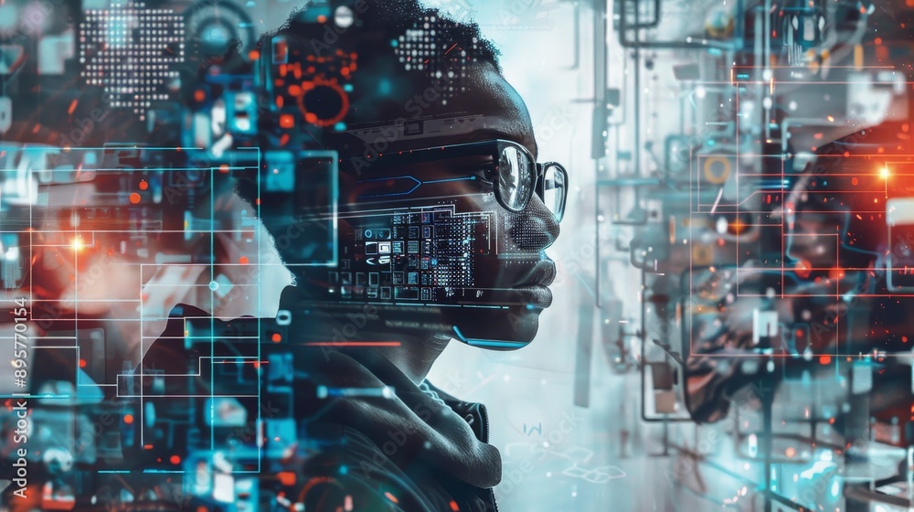 The Future of Technology: A Person Blending with Digital Data - A young ...