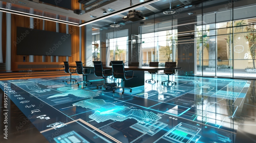 high-tech conference room with a transparent digital floor, showing a ...
