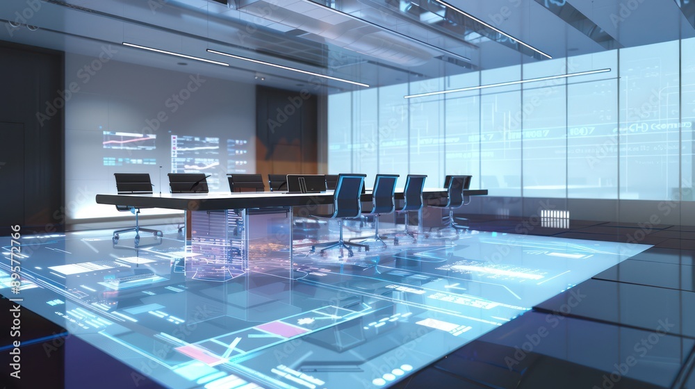 high-tech conference room with a transparent digital floor, showing a ...
