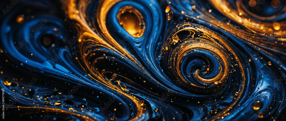 Spectacular flowing cobalt blue paint swirls and opulent golden ...