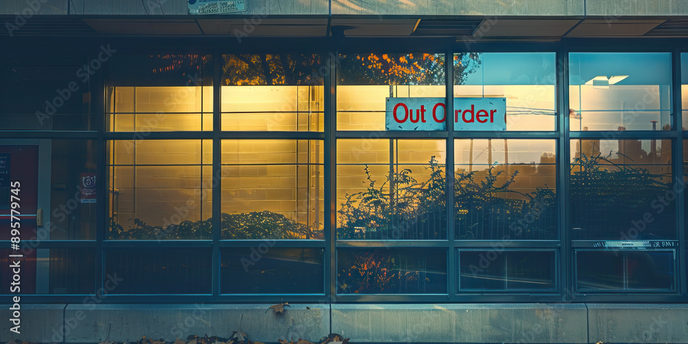 Fading Glory: An empty office building window, displaying an "Out of ...