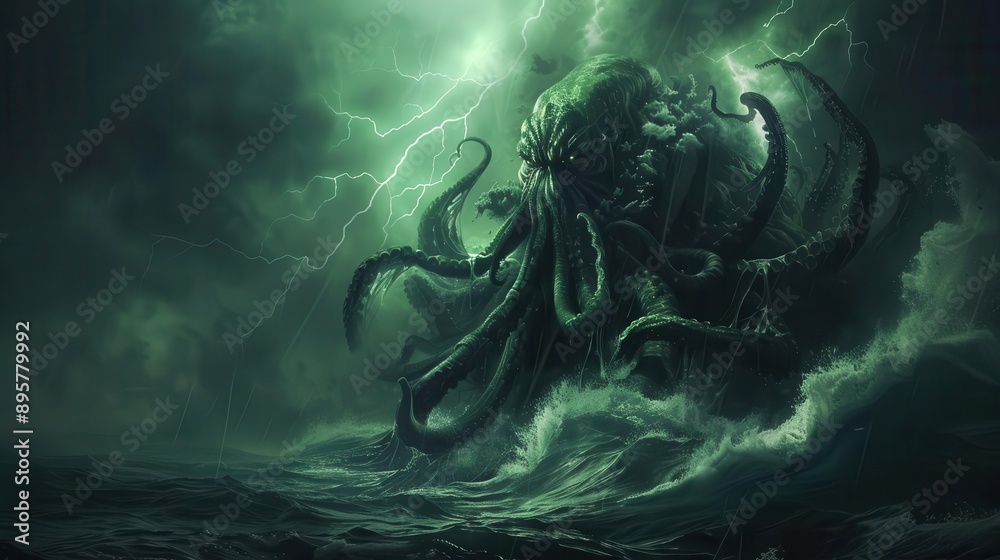 colossal cthulhu emerging from stormy seas tentacles writhe against a ...