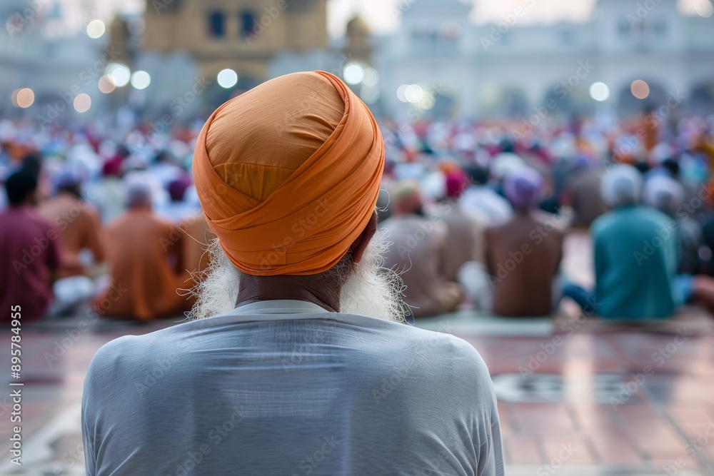 Golden Temple Meditation: A Sikh man in a vibrant orange turban sits in ...