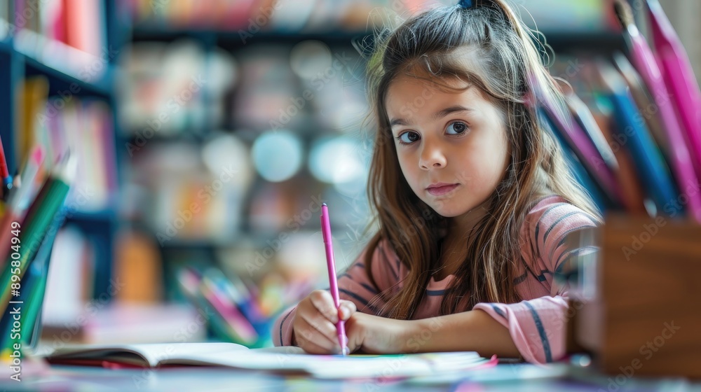 Girl learning and drawing in a classroom setting for education exams or ...