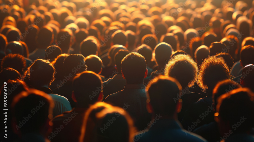 Overhead view of a densely packed crowd from behind, all facing towards ...