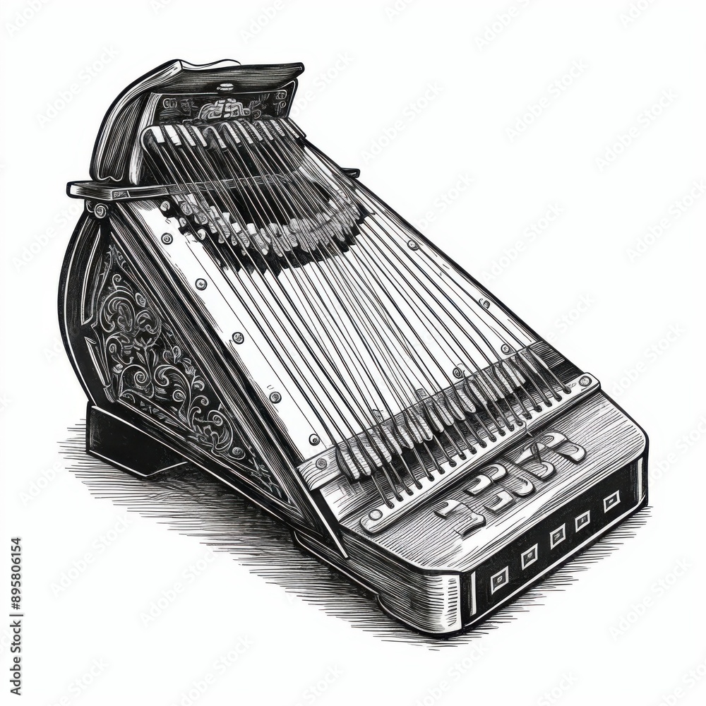 Black and white Vintage engraved art of a autoharp isolated on white ...
