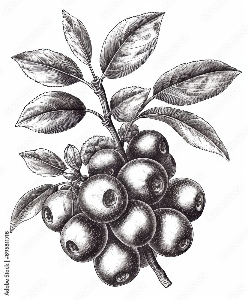 Black and white Vintage engraved art of a cranberry isolated on white ...
