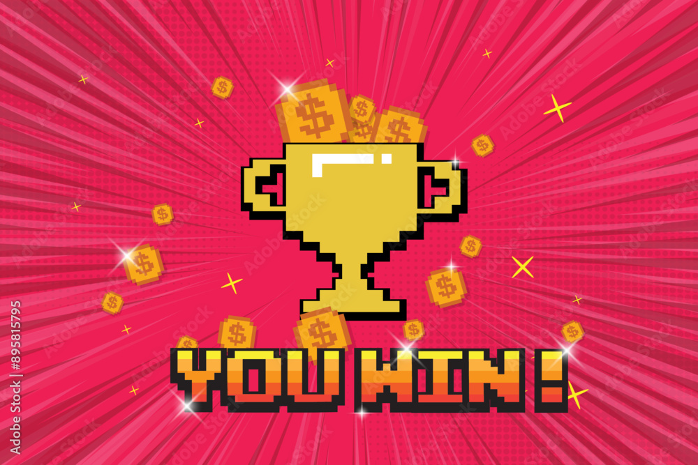 Pixel art 8-bit You Win text with one big winner golden cup and gold ...