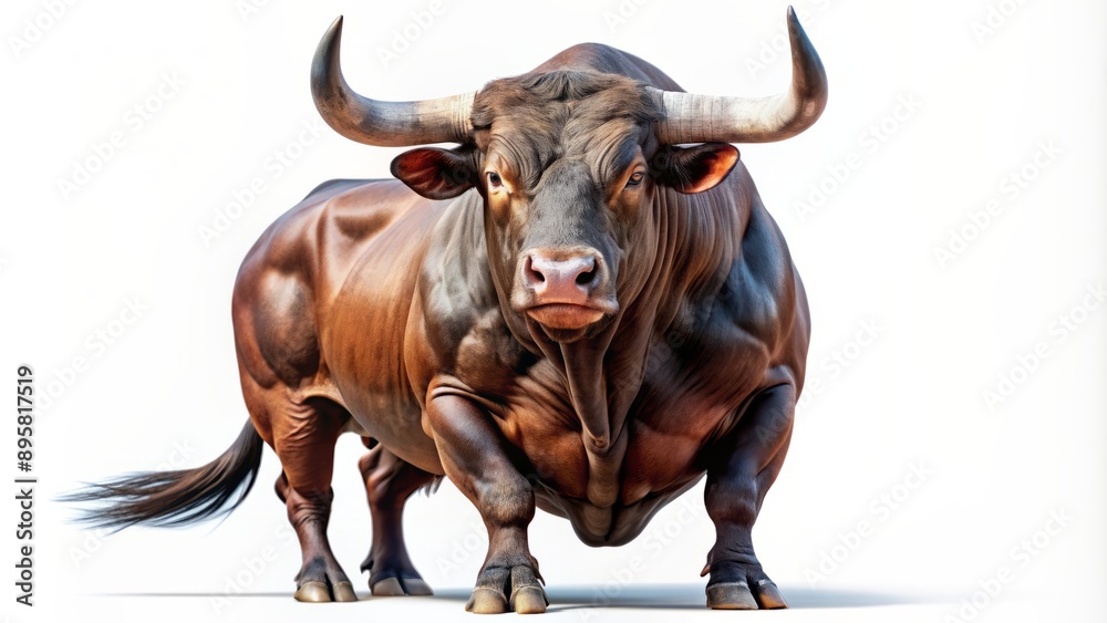Aggressive male bull stands angry and tense, muscles rippling beneath ...
