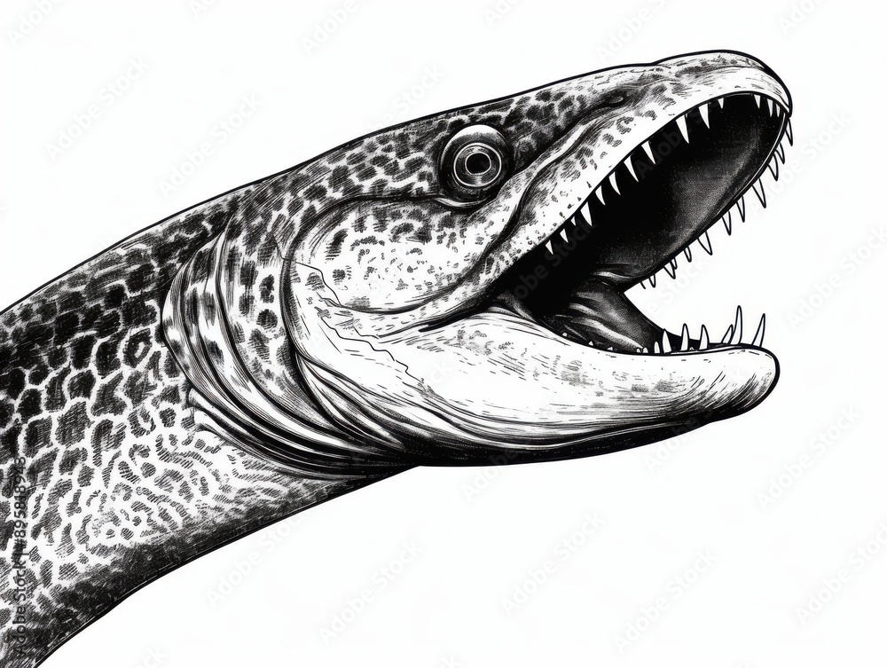 Black and white Vintage engraved art of a moray eel isolated on white ...