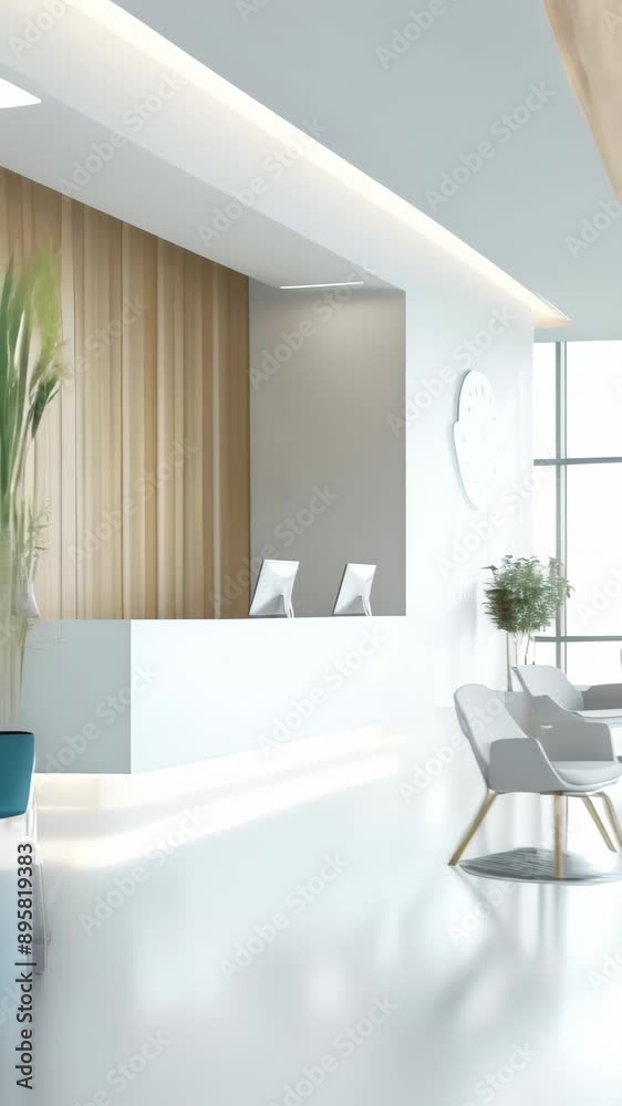 Modern hospital reception area with sleek white furniture and natural ...